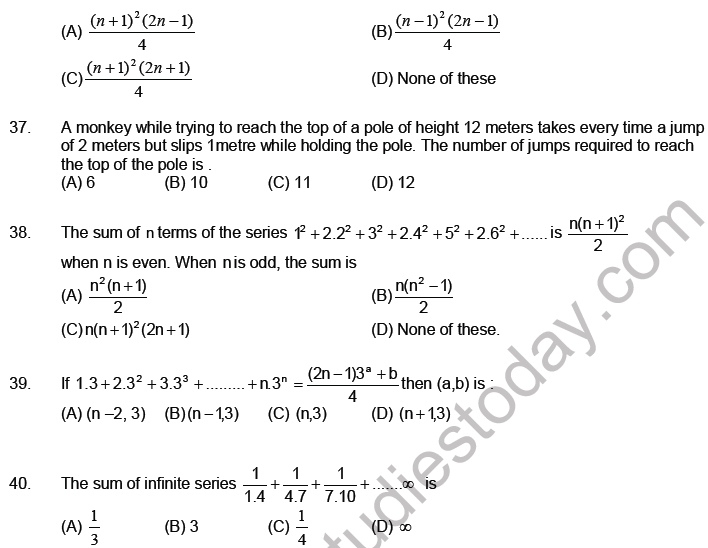 JEE Mathematics Sequence and Series MCQs Set A with Answers